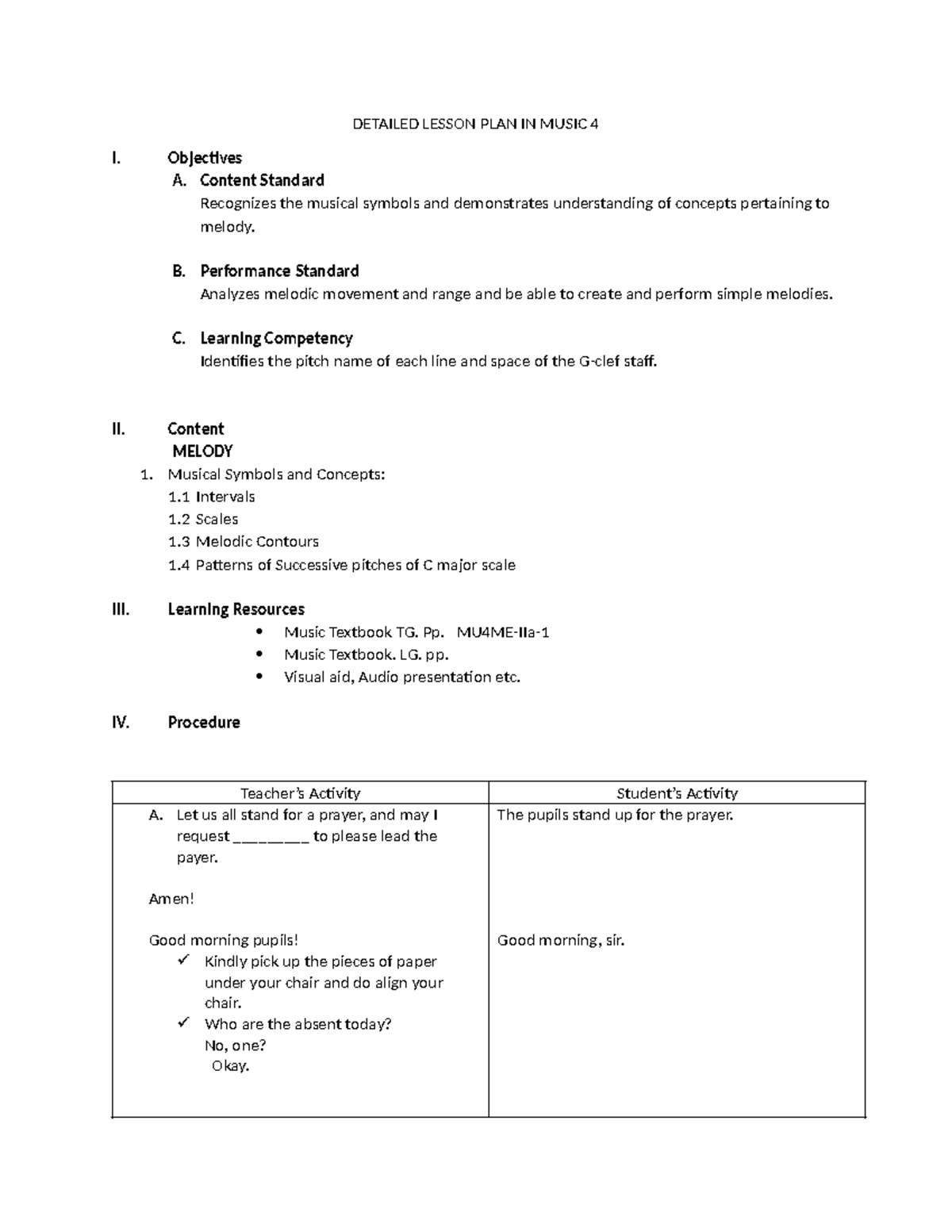 Detailed Lesson Plan in Music 4: Understanding Melody Concepts - Studocu