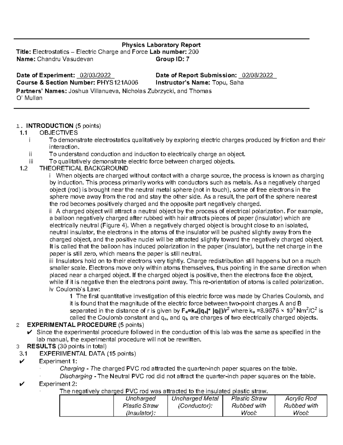 Lab 200 - Electrostatics: Electric Charge & Force Demonstration Report ...