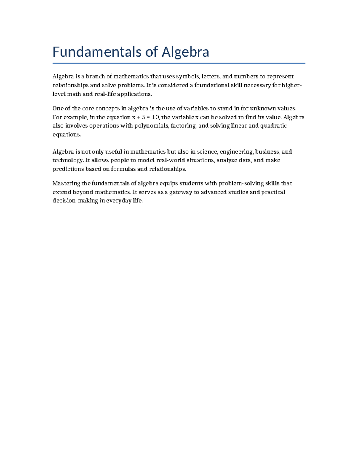 Fundamentals of Algebra: Key Concepts and Applications - Studocu