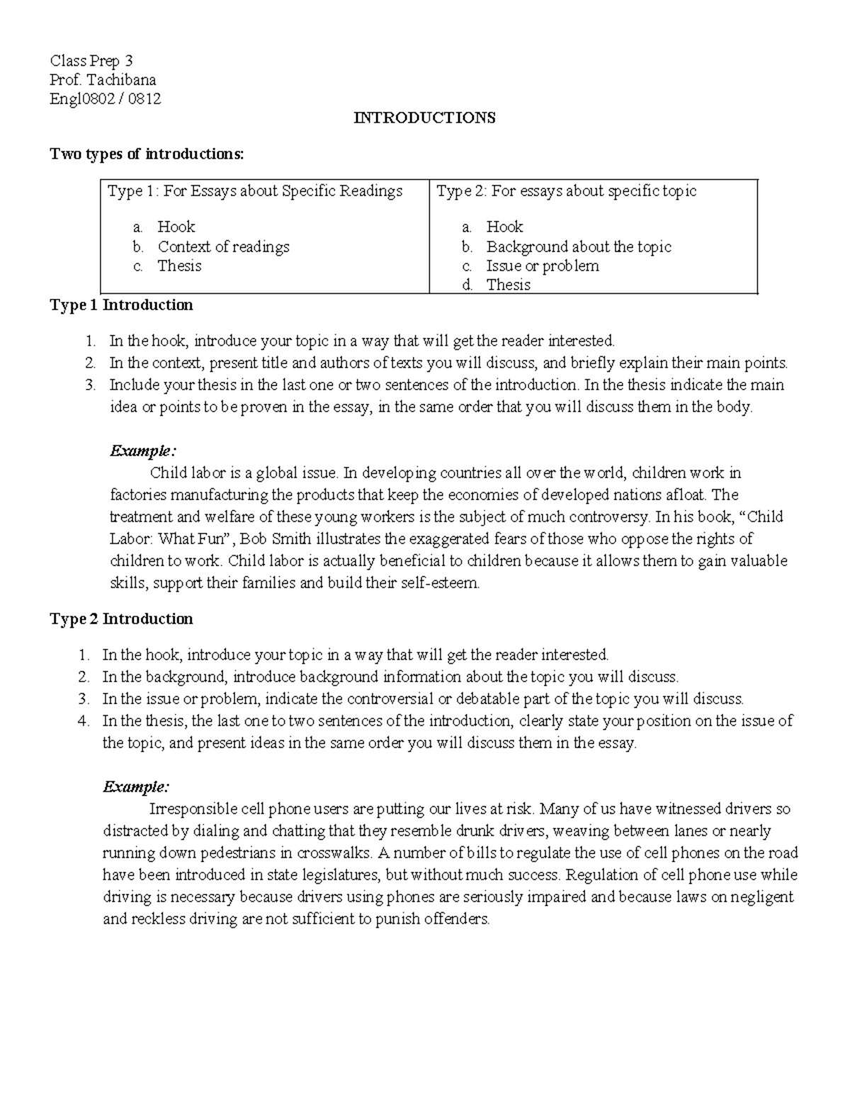 Class Prep - Introductions - Hook and Thesis - Class Prep 3 Prof ...