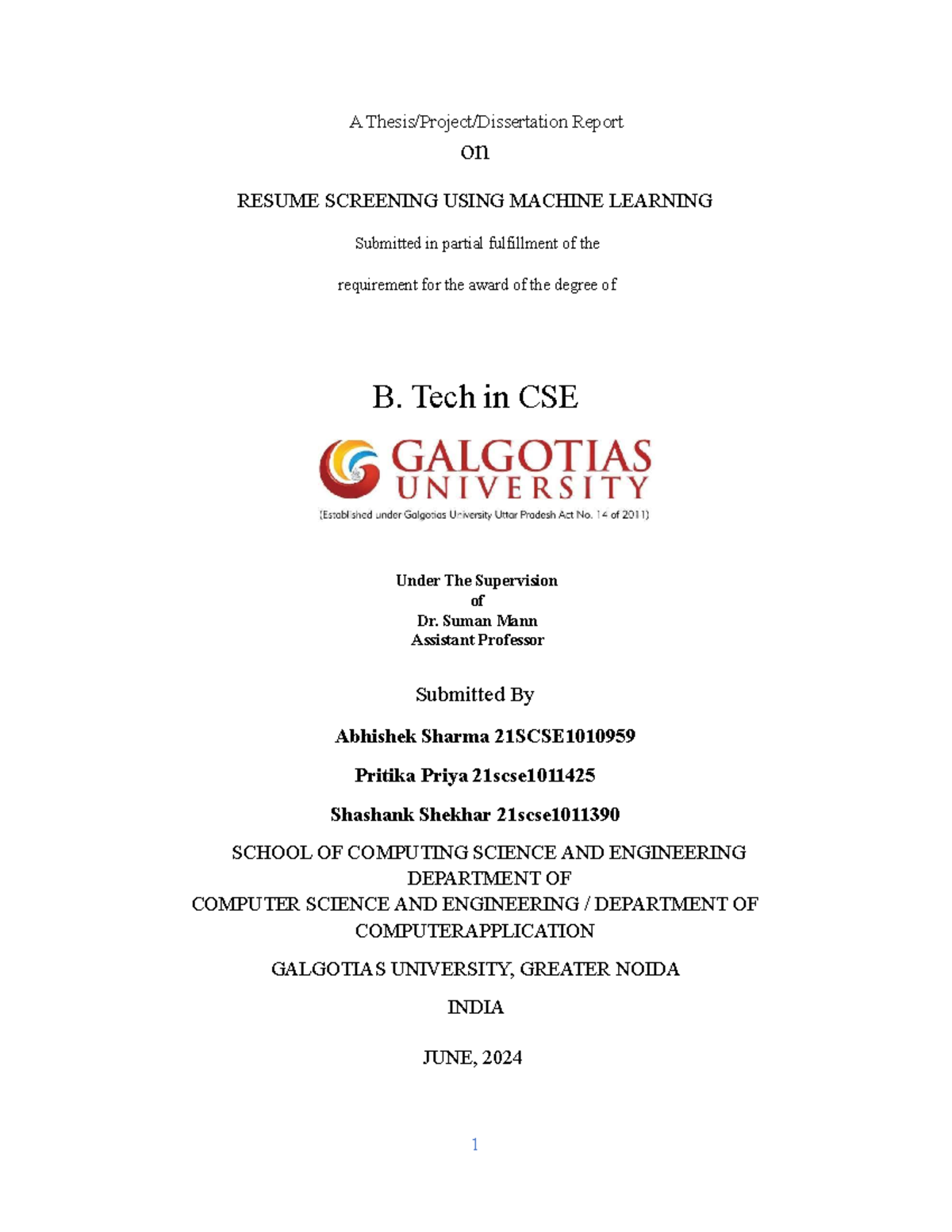 Automated Resume Screening Project Report - B.Tech CSE 21SCSE - Studocu