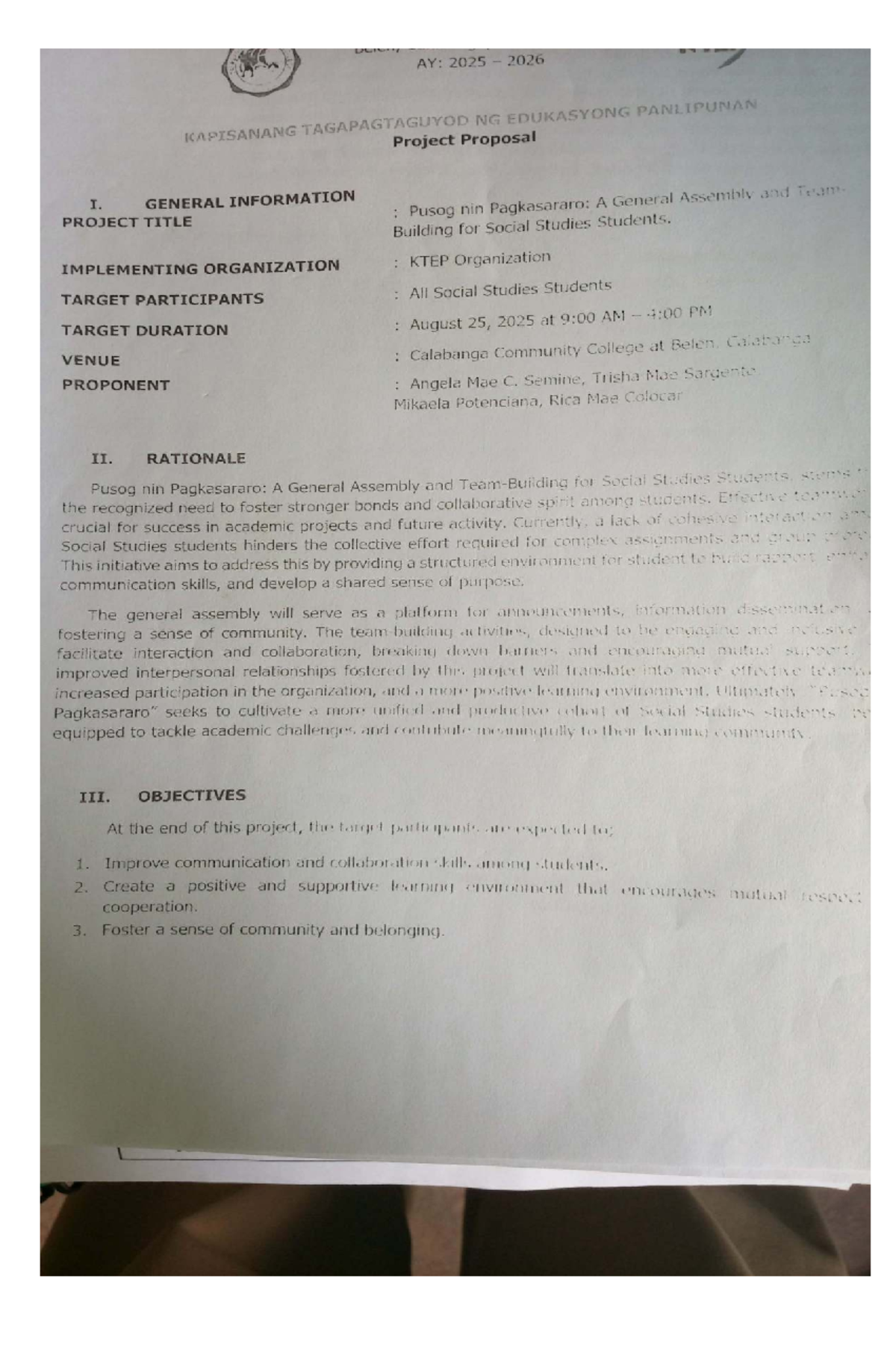 AY: 2025-2026 KTEP Project Proposal for Pusog nin Pagkasararo Assembly ...