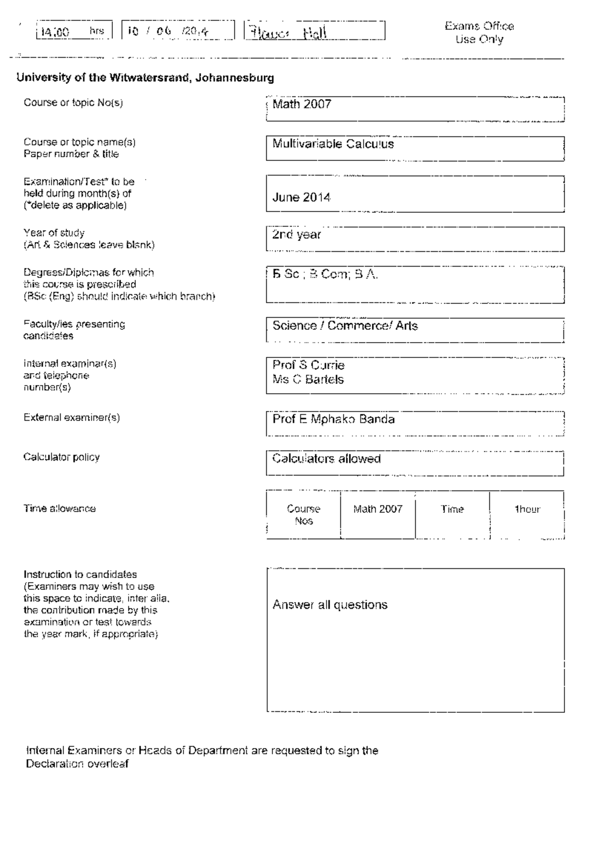 MATH2007 Multivariable Calculus Past Exam Paper - June 2014 - Studocu