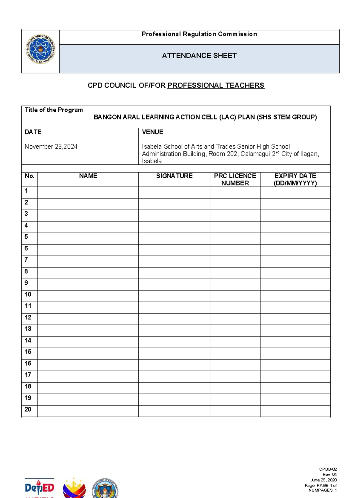 Attendance sheet PRC format - CPDD- Rev. 04 June 29, 2020 Page PAGE 1 ...