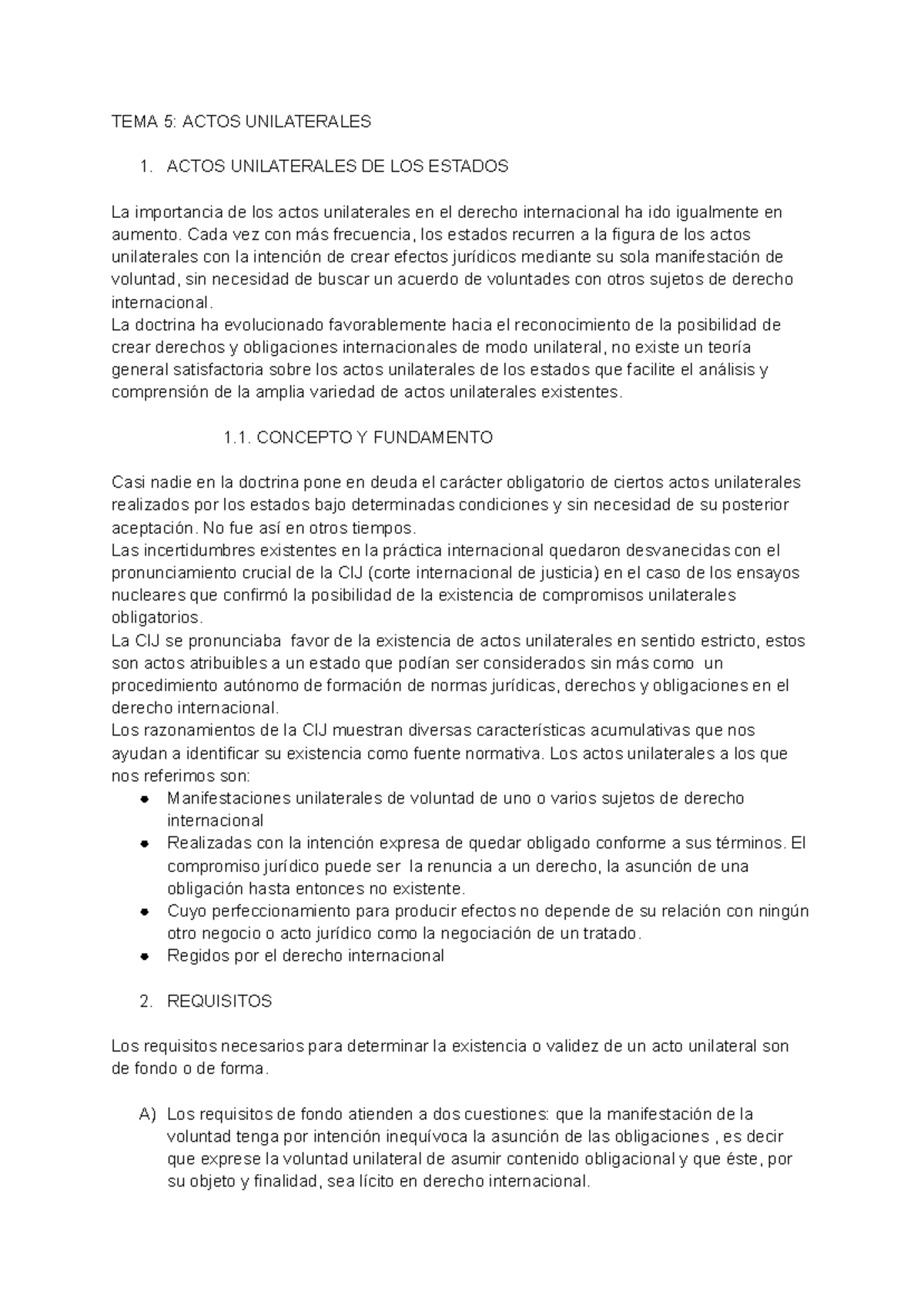TEMA 5: ACTOS UNILATERALES EN DERECHO INTERNACIONAL (DI T8) - Studocu