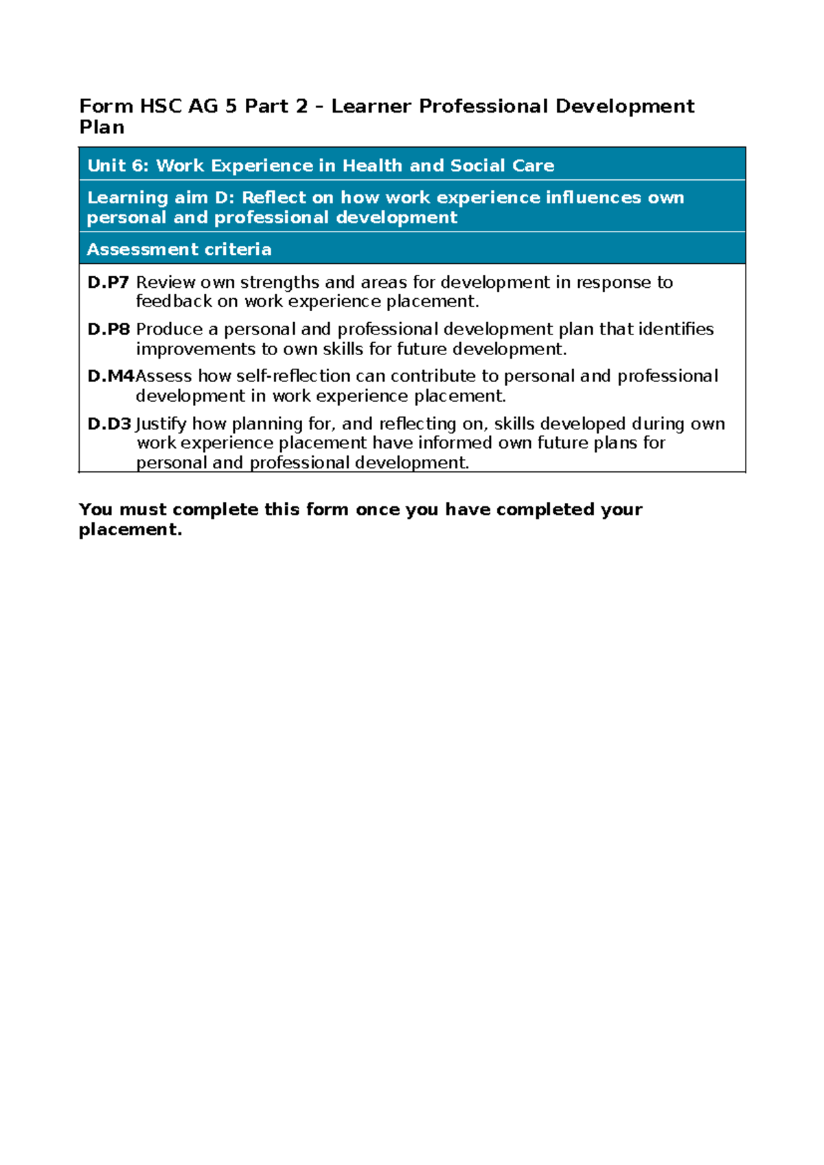 HSC AG 5 Part 2: Learner Professional Development Plan for Work ...