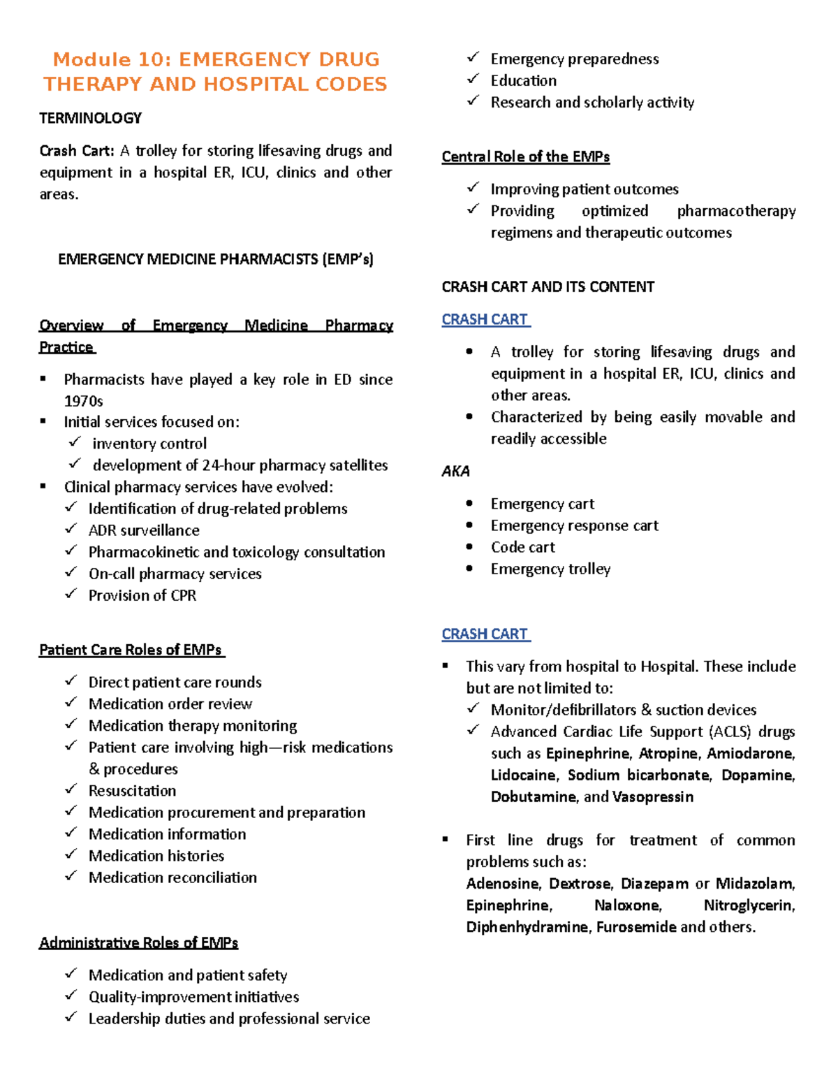 PHOS- Module 10 - Emergency Drug Therapy & Crash Cart Notes - Studocu
