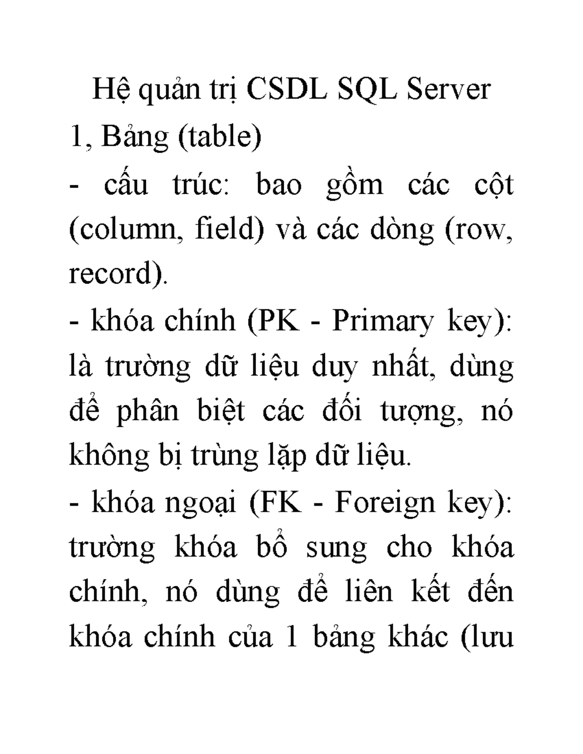 Hệ quản trị CSDL SQL Server - Hệ quản trị CSDL SQL Server 1, Bảng ...