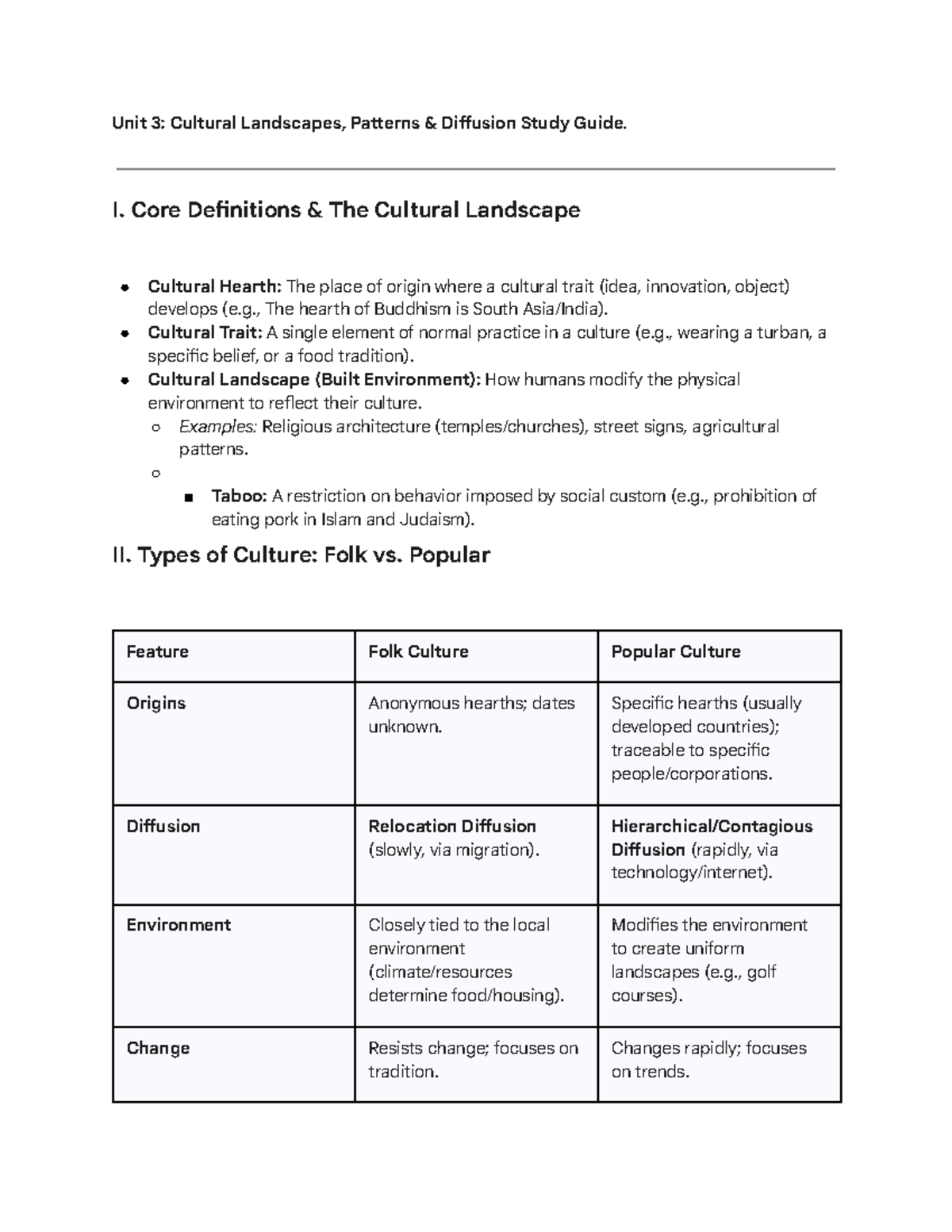 Human Geography Unit 3: Cultural Landscapes & Diffusion Study Guide ...