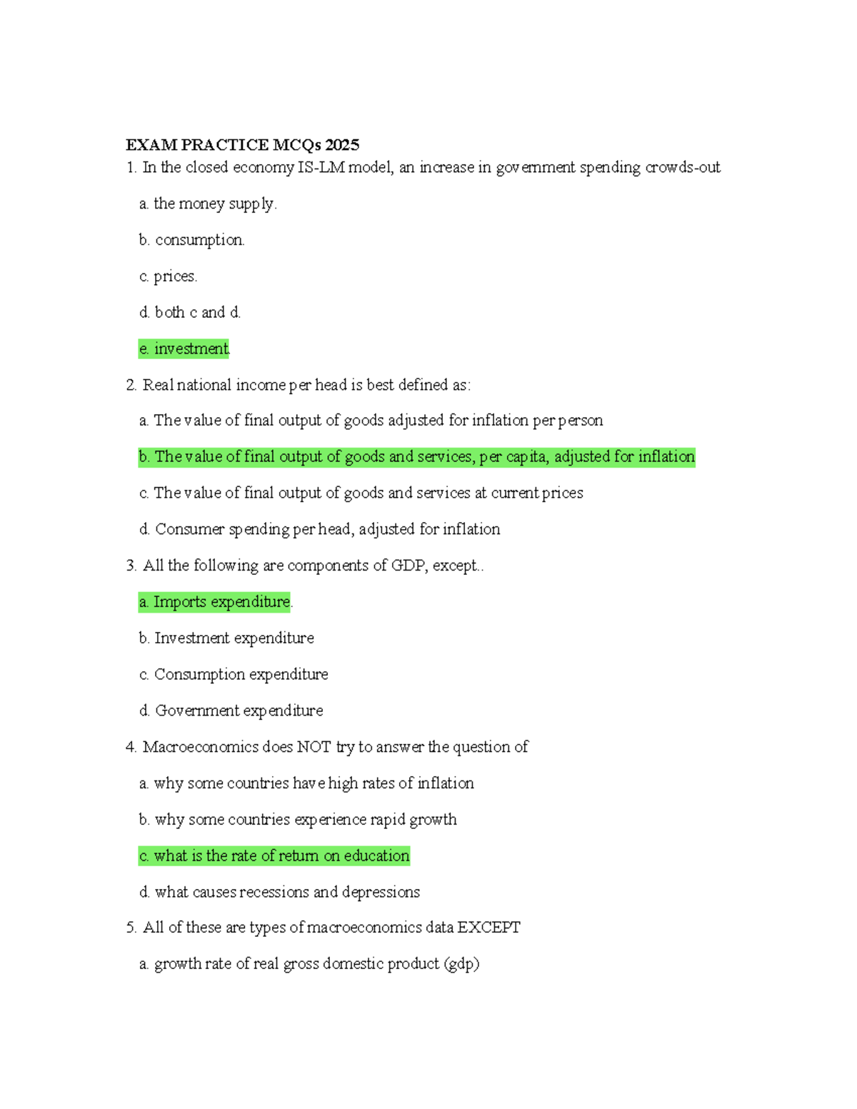 Macroeconomics 2 Exam Practice MCQs 2025 - Studocu