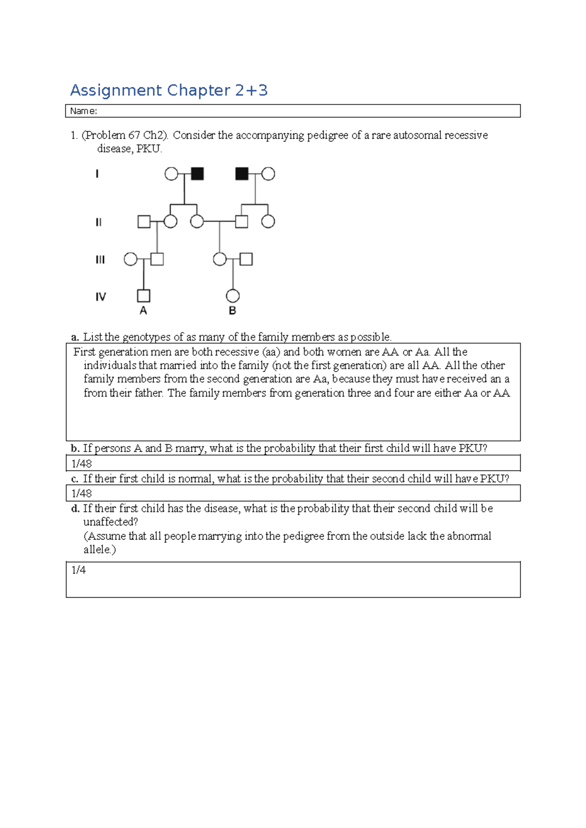 Assignment for Biology 101: Pedigree Analysis (Ch 2+3) - Studeersnel