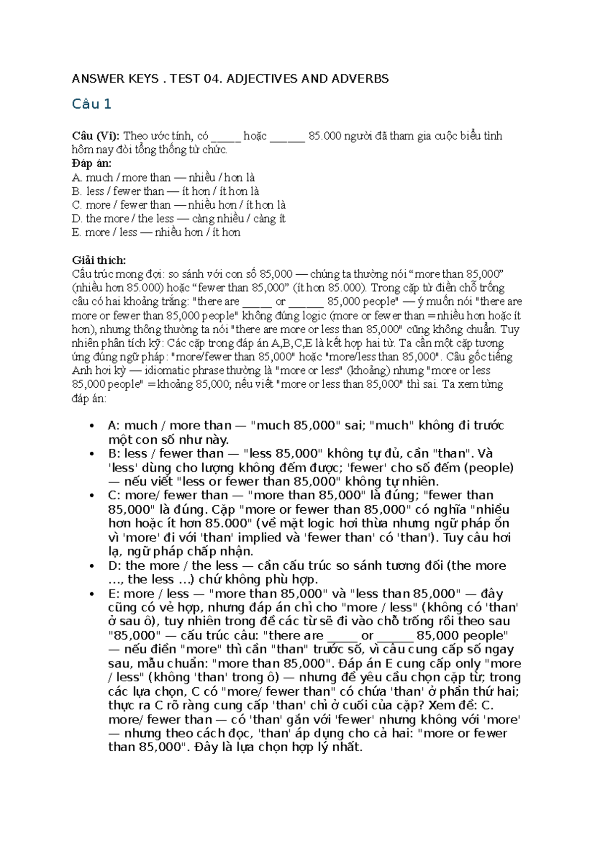 ANSWER KEYS: TEST 04 - ADJECTIVES AND ADVERBS Analysis and Solutions ...