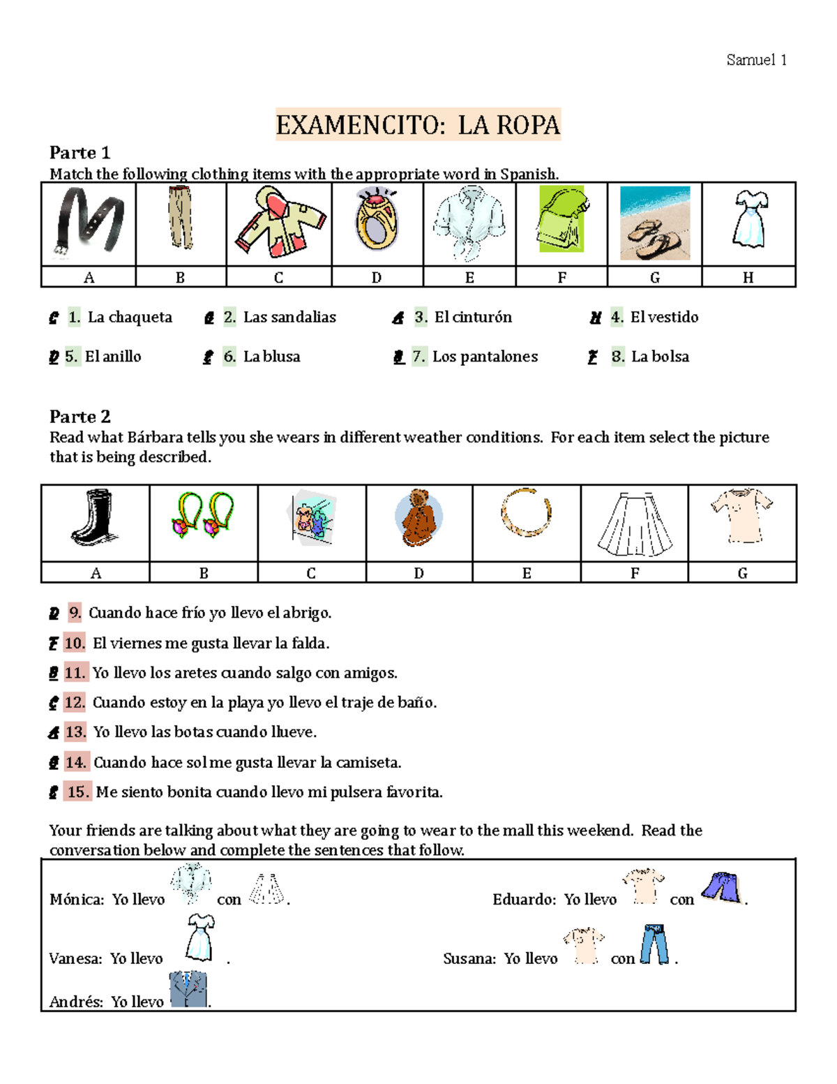 Clothing Quiz 1: Vocabulary and Weather Descriptions in Spanish - Studocu