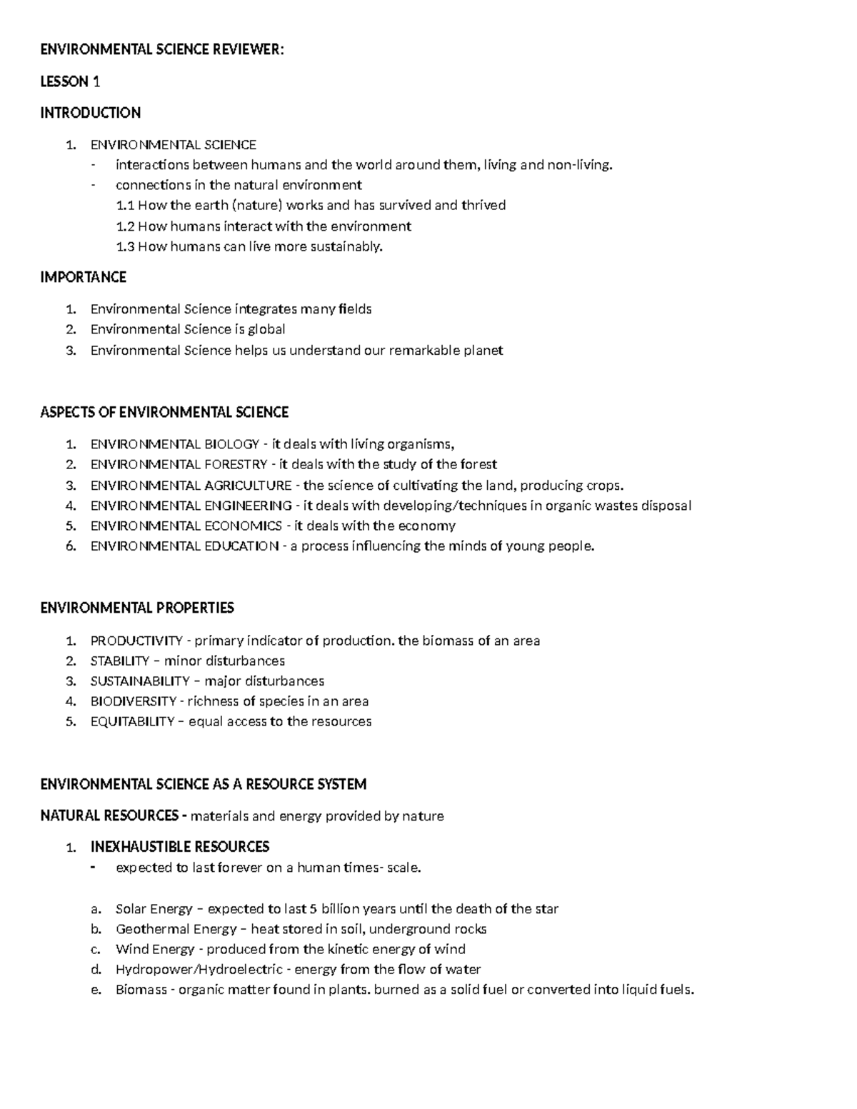ENVIRONMENTAL SCIENCE REVIEWER: LESSON 1 INTRODUCTION TO ENVIRONMENTAL ...