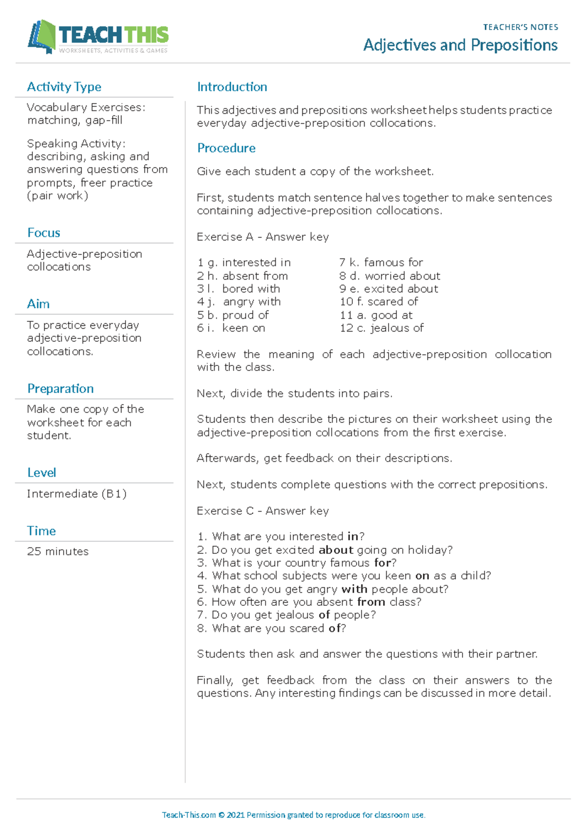 Adjectives and Prepositions Worksheets for Intermediate (B1) Students ...