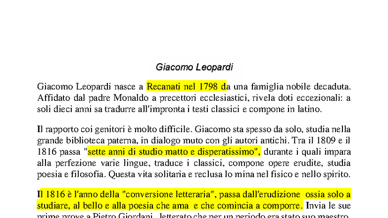 Giacomo Leopardi: Biografia, Poetica e Analisi Testi - Studocu