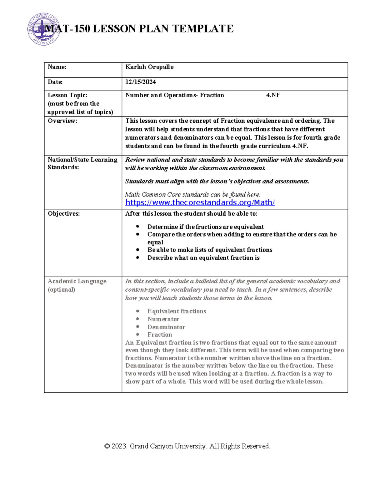 MAT-150 Lesson Plan Template - Name: Karlah Oropallo Date: 12/15 ...