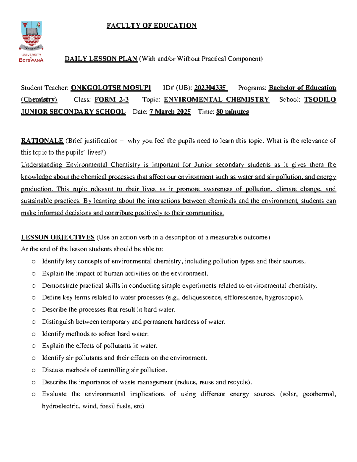 Daily Lesson Plan: Environmental Chemistry for Form 2-3 - ESC 261 - Studocu