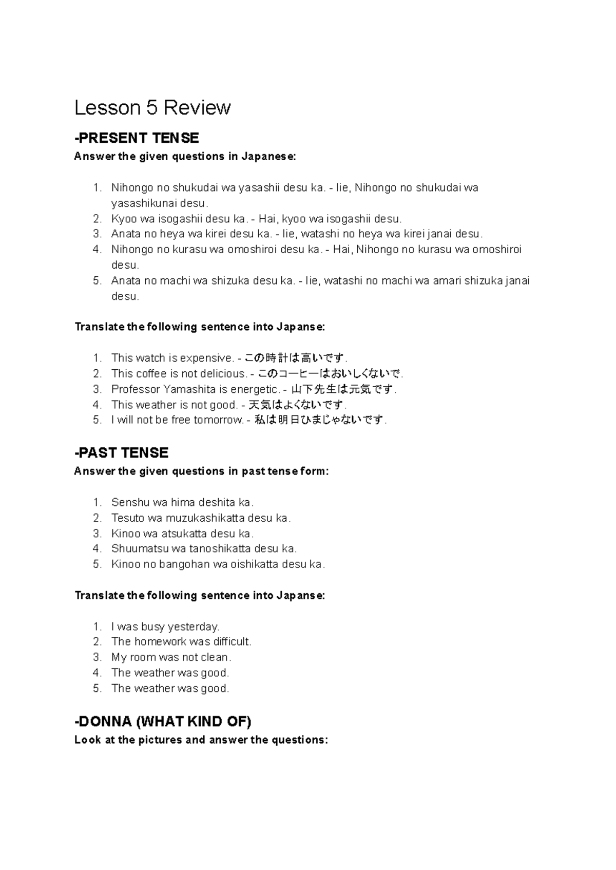 Lesson 5 Sentence Review - TENSE Practice in Japanese - Studocu