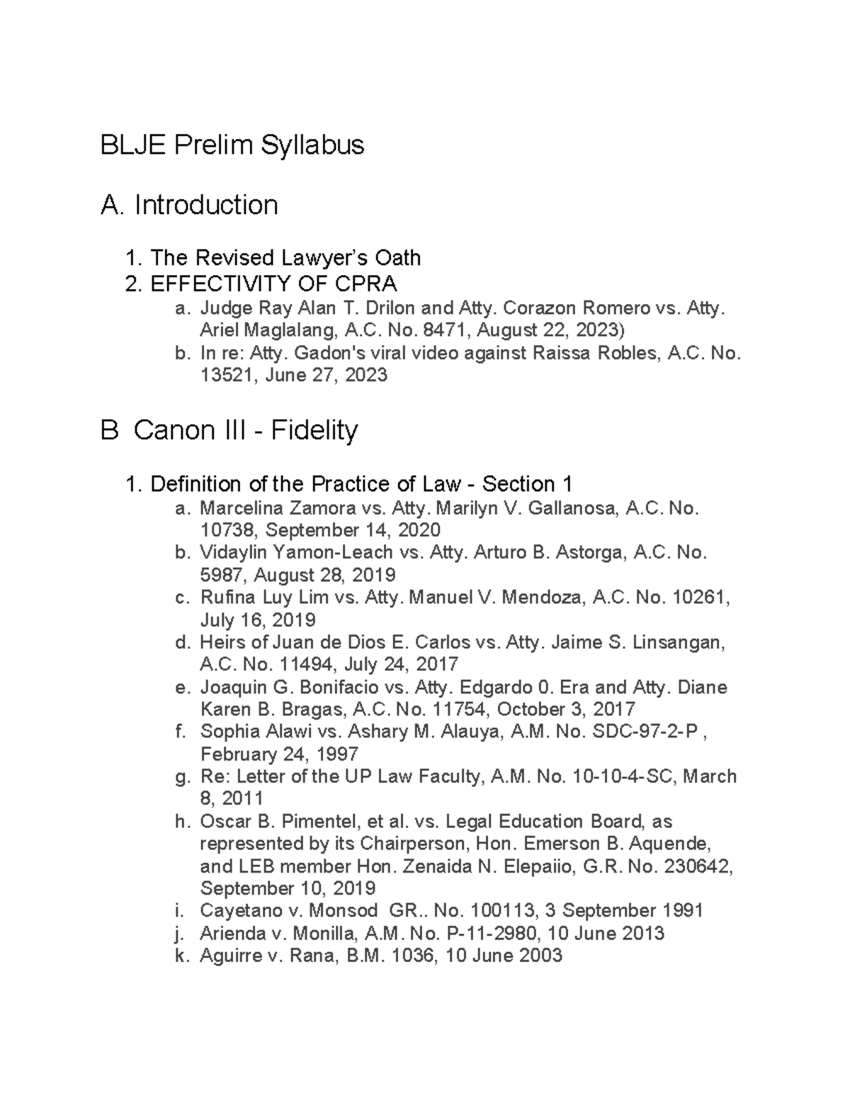 BLJE prelim syllabus: key cases and legal principles overview - Studocu