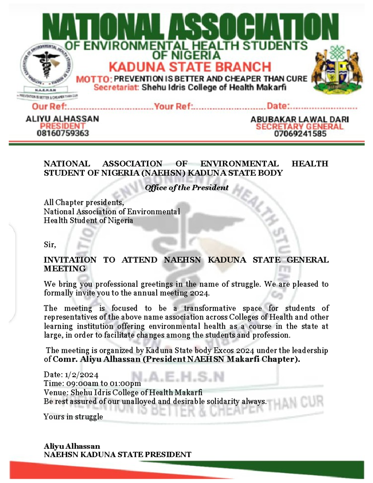 NAEHSN Kaduna State Annual Meeting Invitation 2024 - Studocu