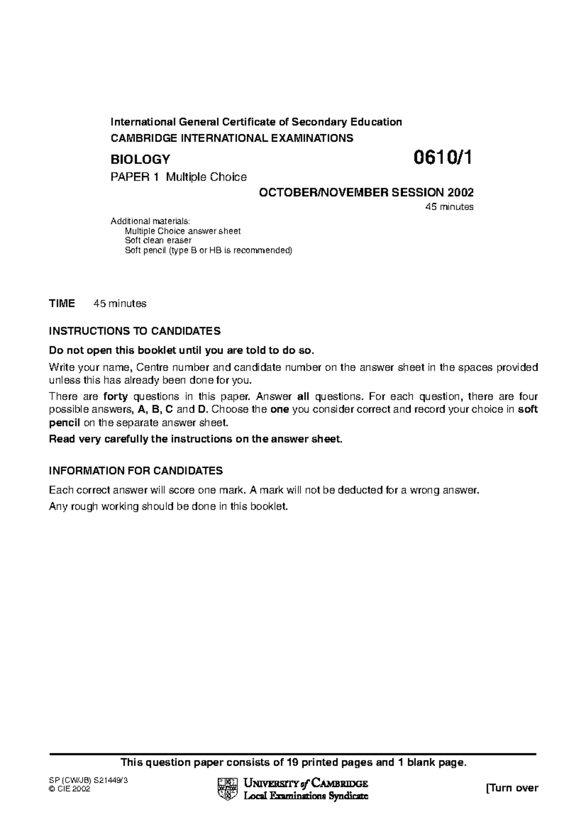 IGCSE Biology Paper 1 Multiple Choice - Cambridge 0610 W02 Exam - Studocu