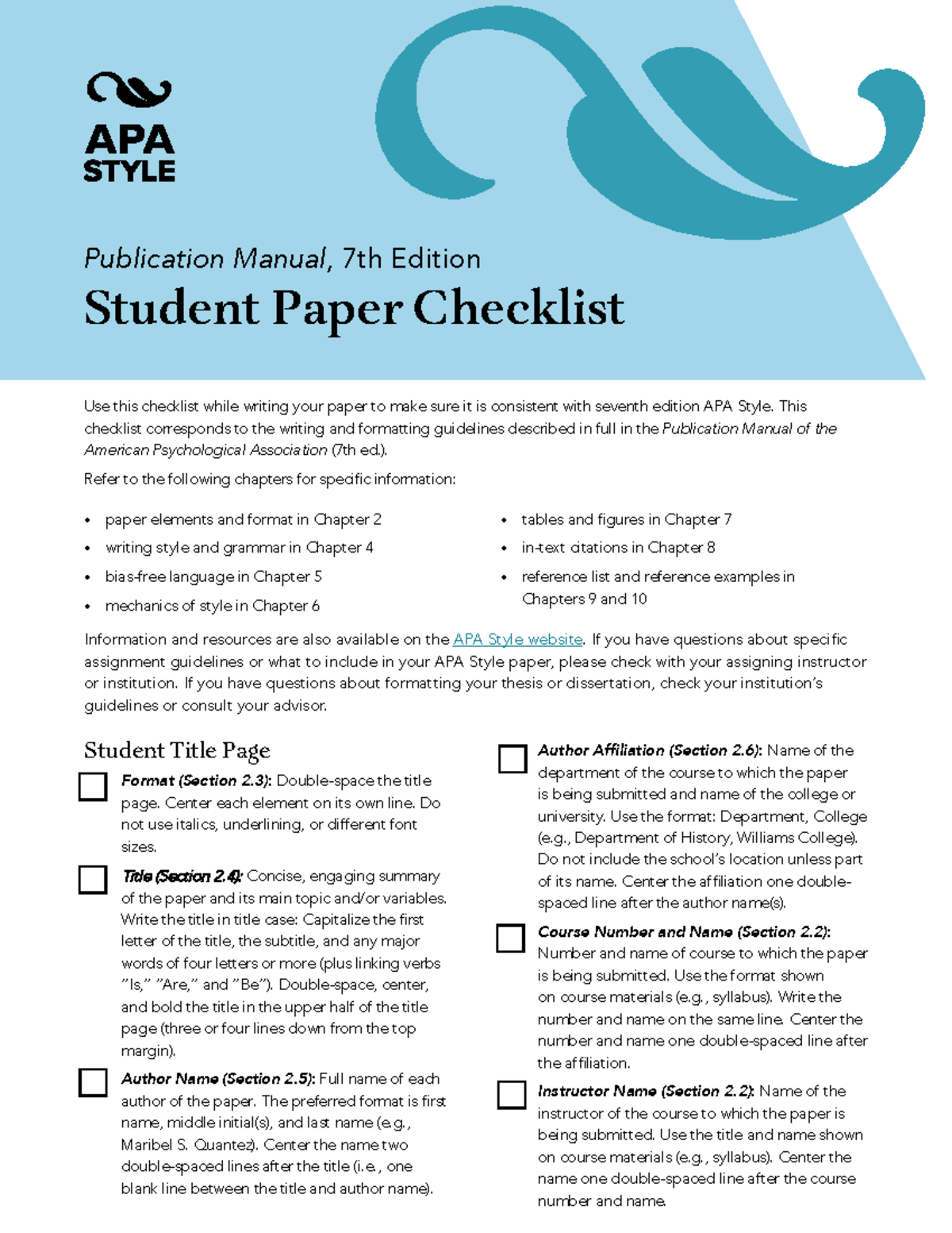APA Style Student Paper Checklist - 7th Edition - Studocu