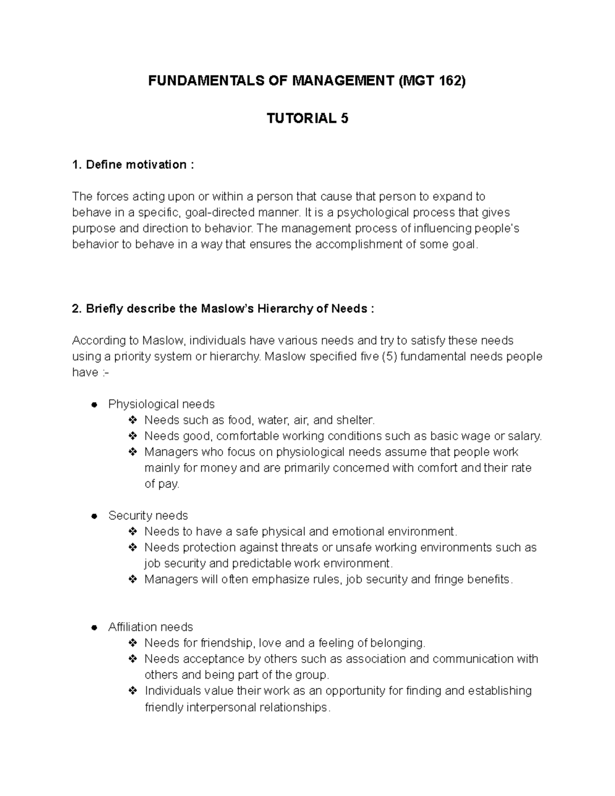 Fundamentals OF Management (MGT 162) Tutorial 5 - FUNDAMENTALS OF ...