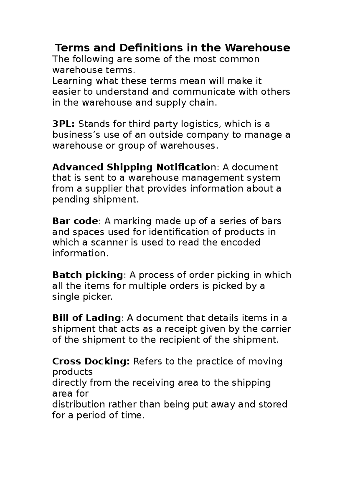 Terms and Definitions in the Warehouse - Learning what these terms mean ...