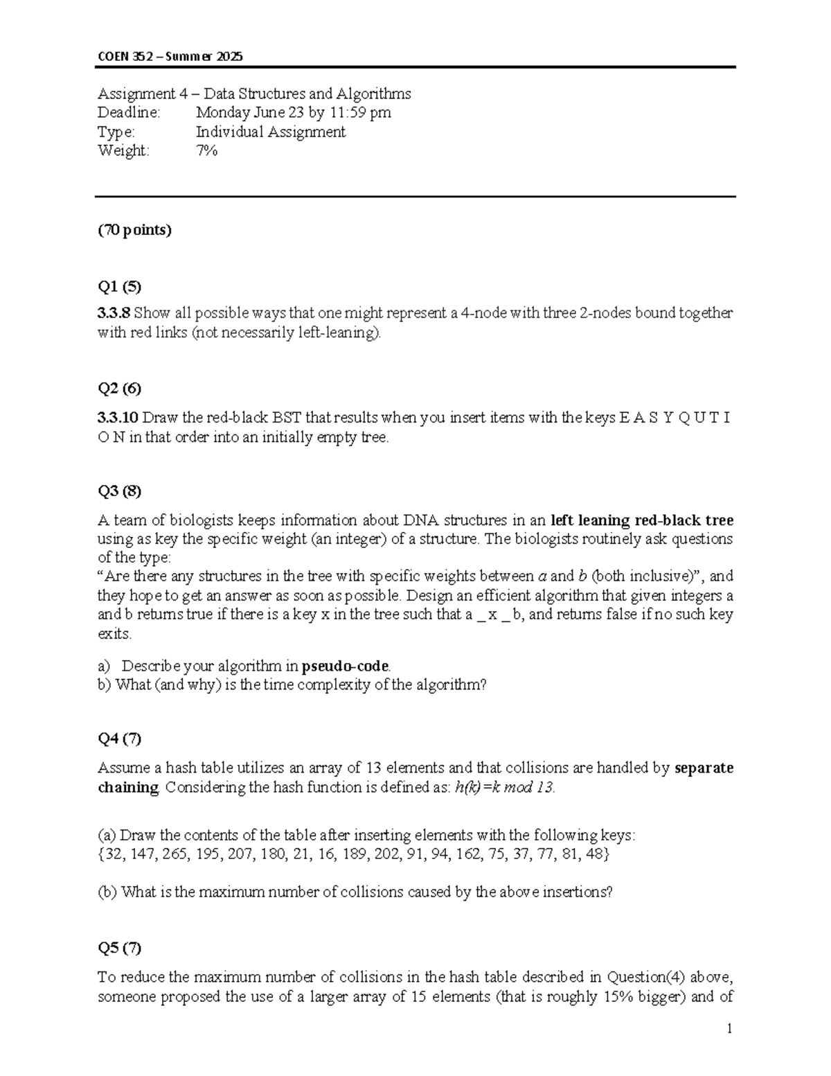 COEN 352 - Summer 20 Assignment 4: Data Structures & Algorithms - Studocu