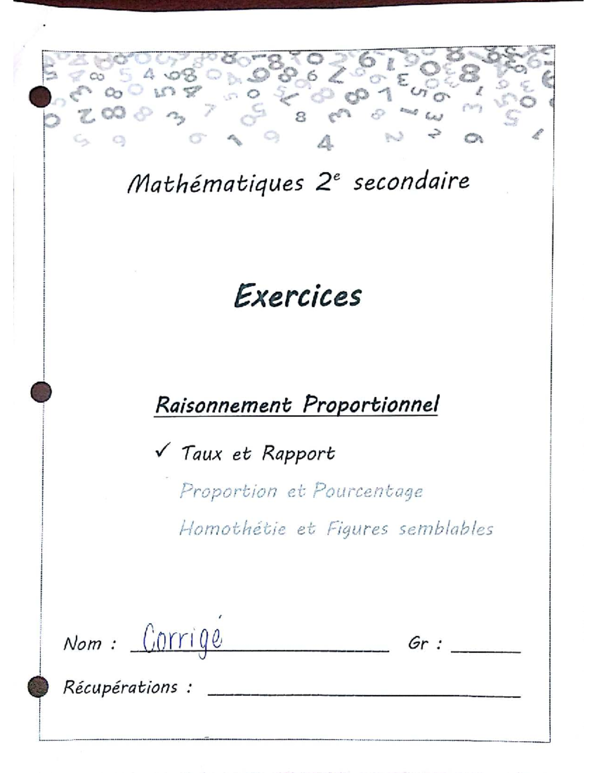 Mathématiques 2e secondaire - Exercices Corrigés sur Taux et Rapports ...
