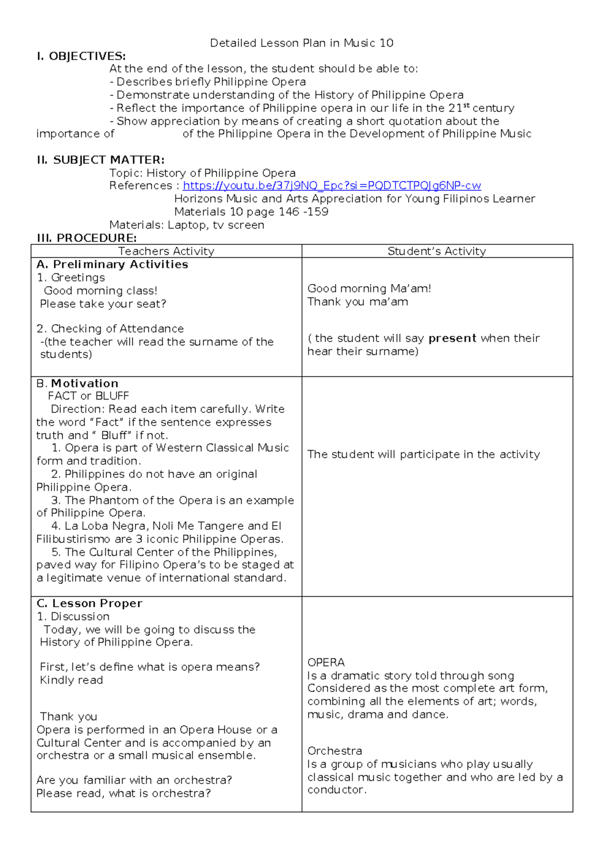 DLP-Music-10 - Detailed Lesson Plan on Philippine Opera History - Studocu