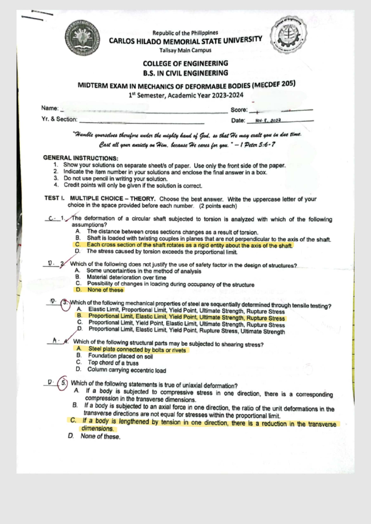MECDEF 205 Midterm Exam Review Notes for Civil Engineering - Studocu