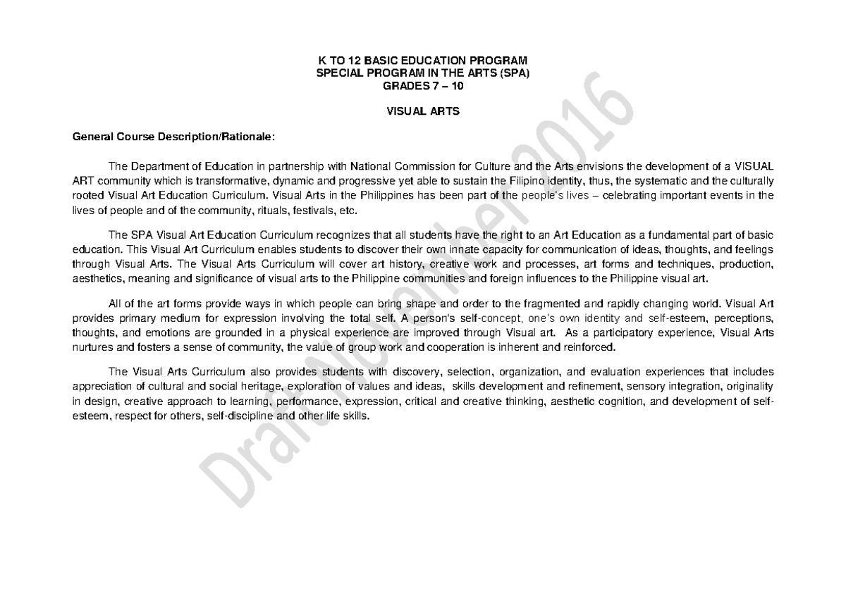 K TO 12 SPA GRADES 7-10 VISUAL ARTS CURRICULUM GUIDE - Studocu