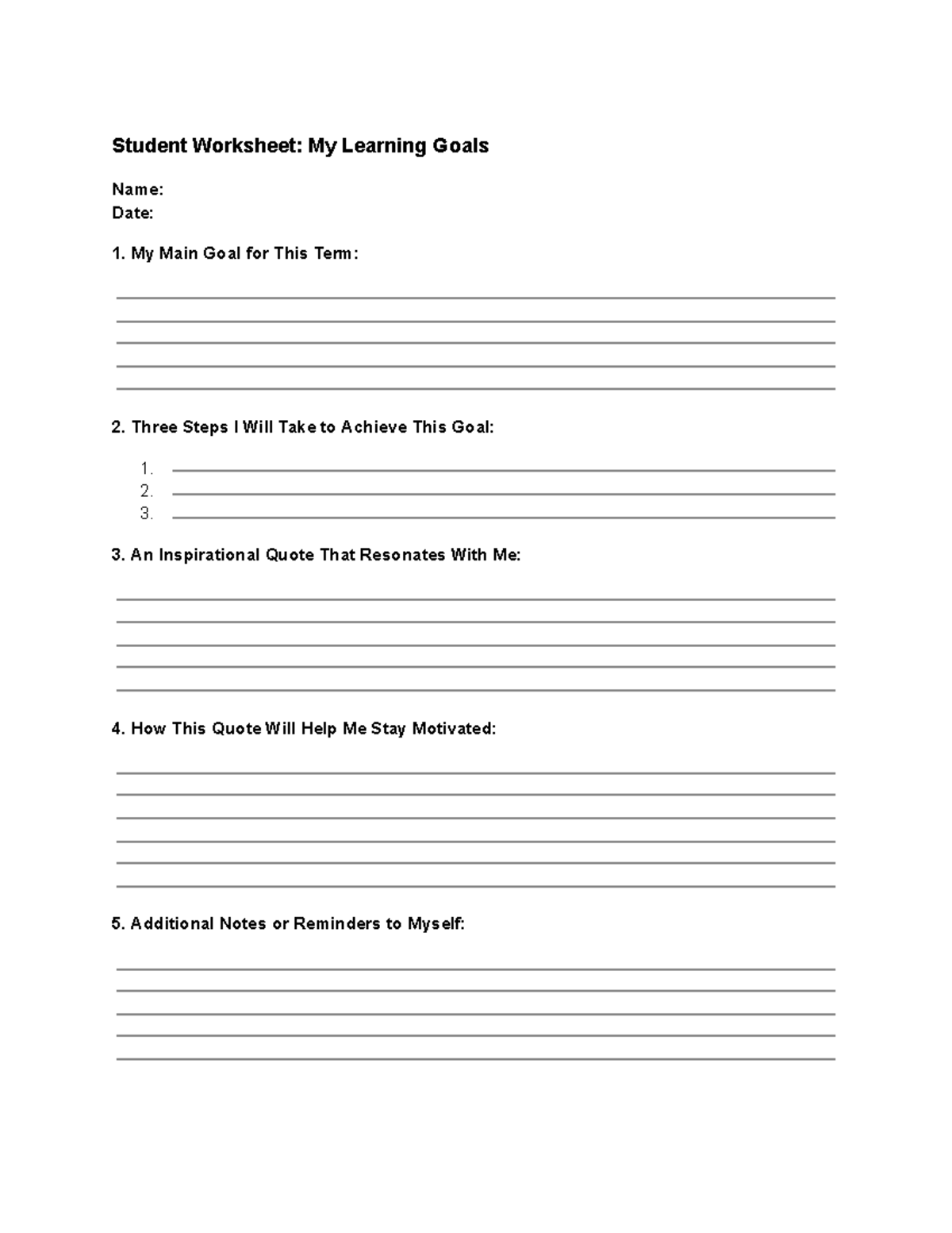 Student Worksheet My Learning Goals - NURS 4303 - Student Worksheet: My ...