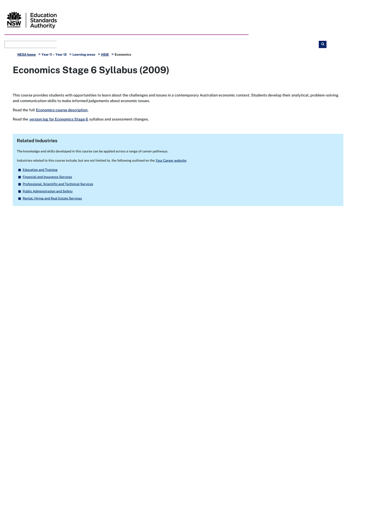 Economics Stage 6 Syllabus 2009 NSW Education Standards - NESA home ...