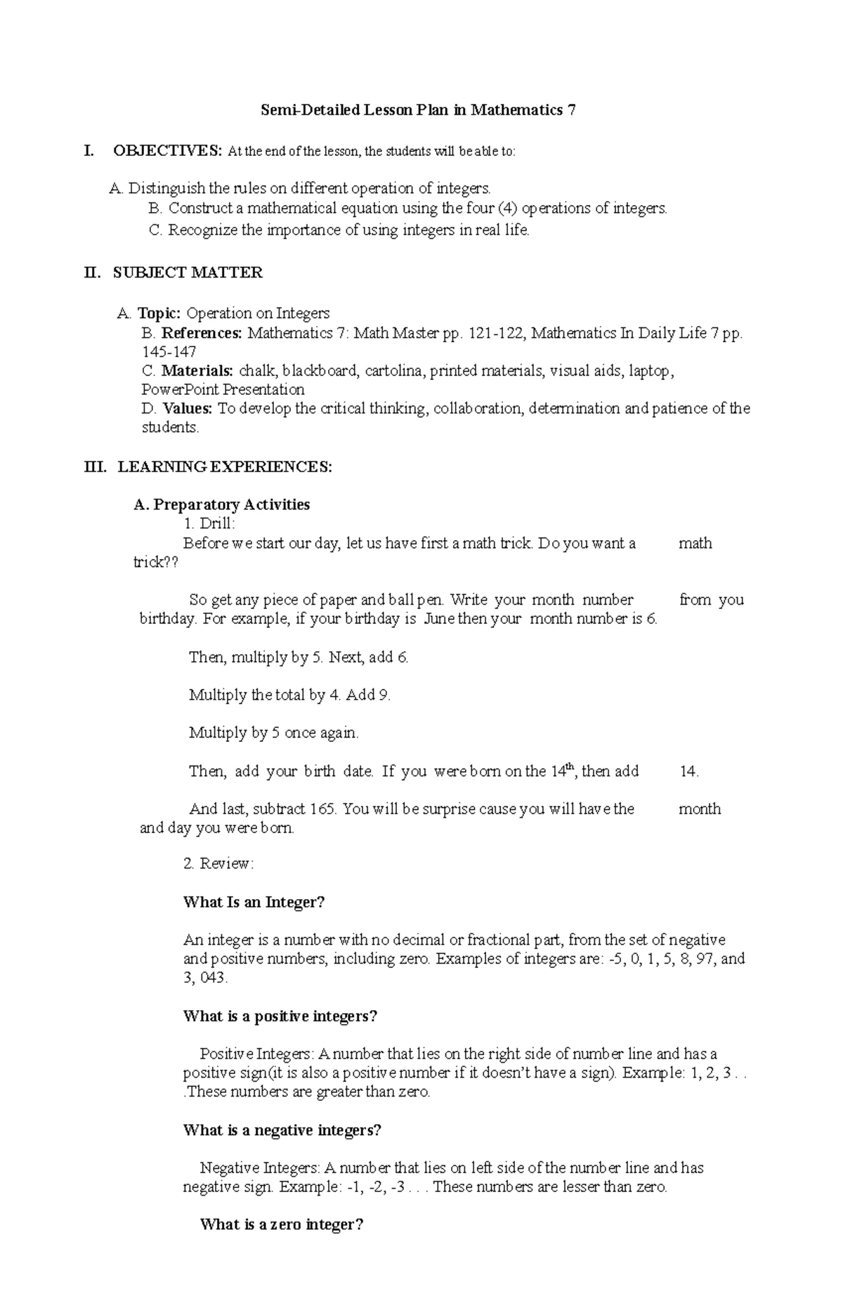 Semi-detailed Lesson Plan(Operation Of Integers) Zozobrado Bsedmath 4A ...