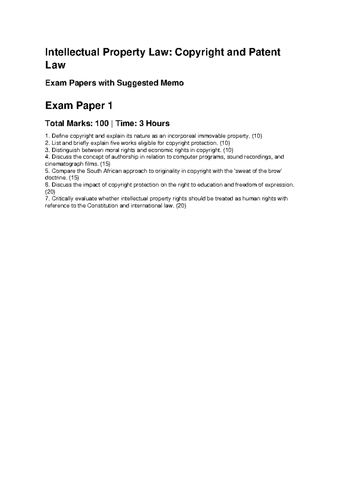 IP Law: Copyright & Patent Exam Papers with Suggested Memos - Studocu