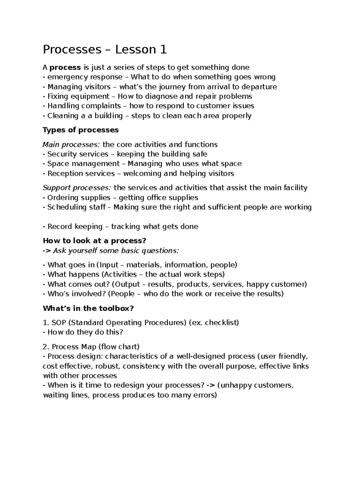 Processes Lesson 1: Understanding and Managing Facility Operations ...