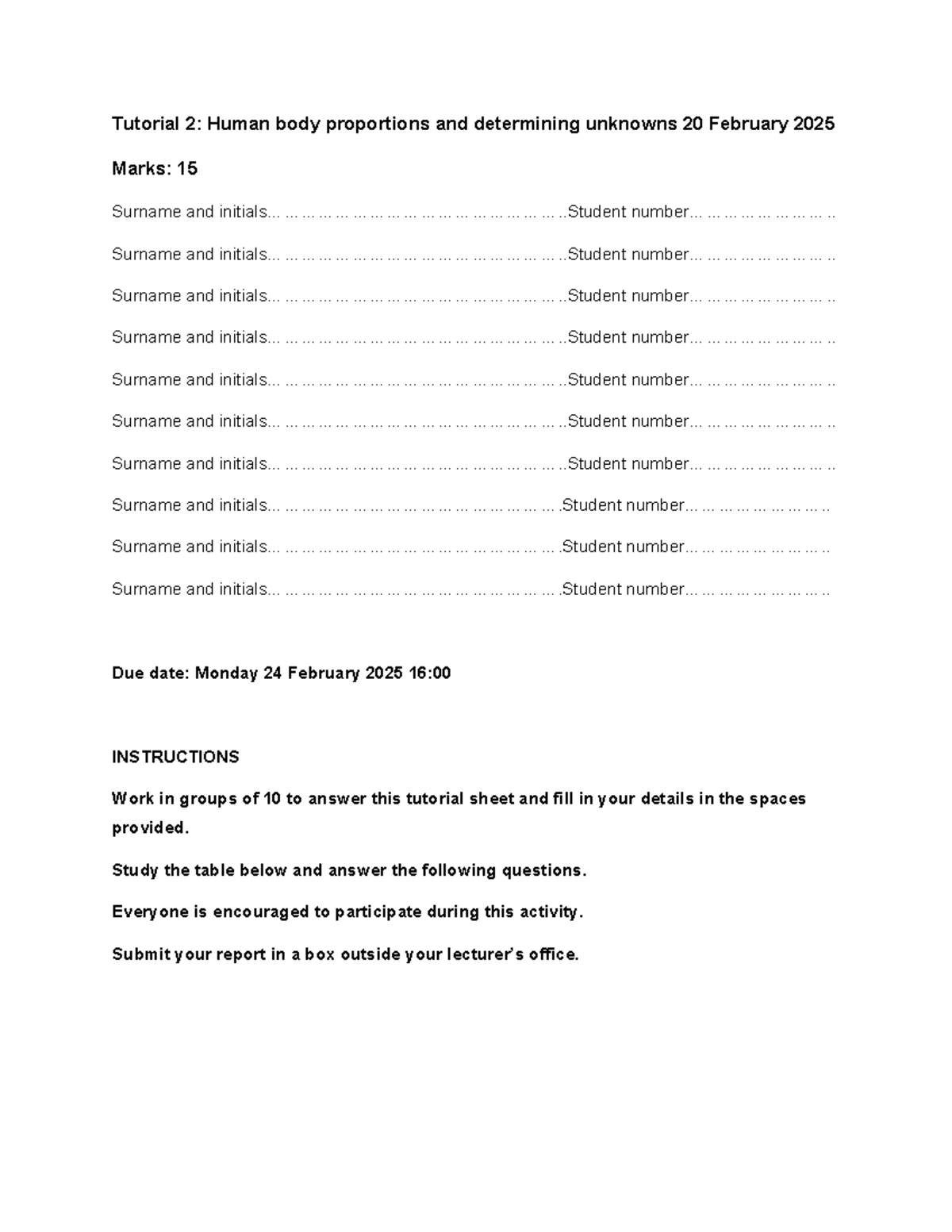 SBIO000 Tutorial 2: Human Body Proportions and Unknowns Analysis - Studocu