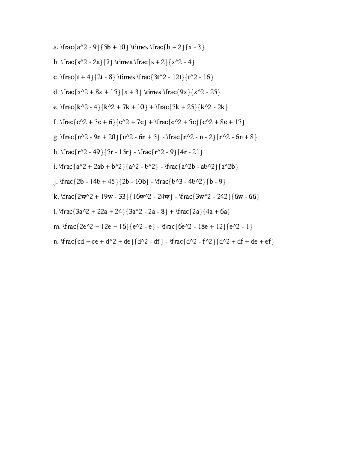 Formatted Equations Set 6 Cambria Math - a. \frac{a^2 - 9}{5b + 10 ...