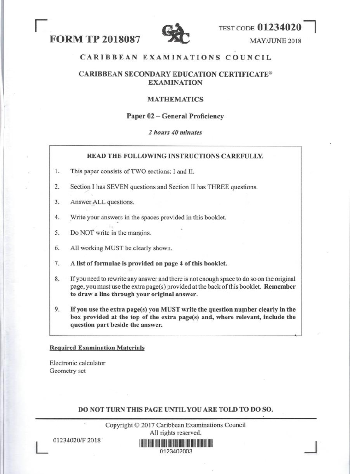 CSEC MATHEMATICS 01234020 Paper 02 General Proficiency Exam 2018 - Studocu