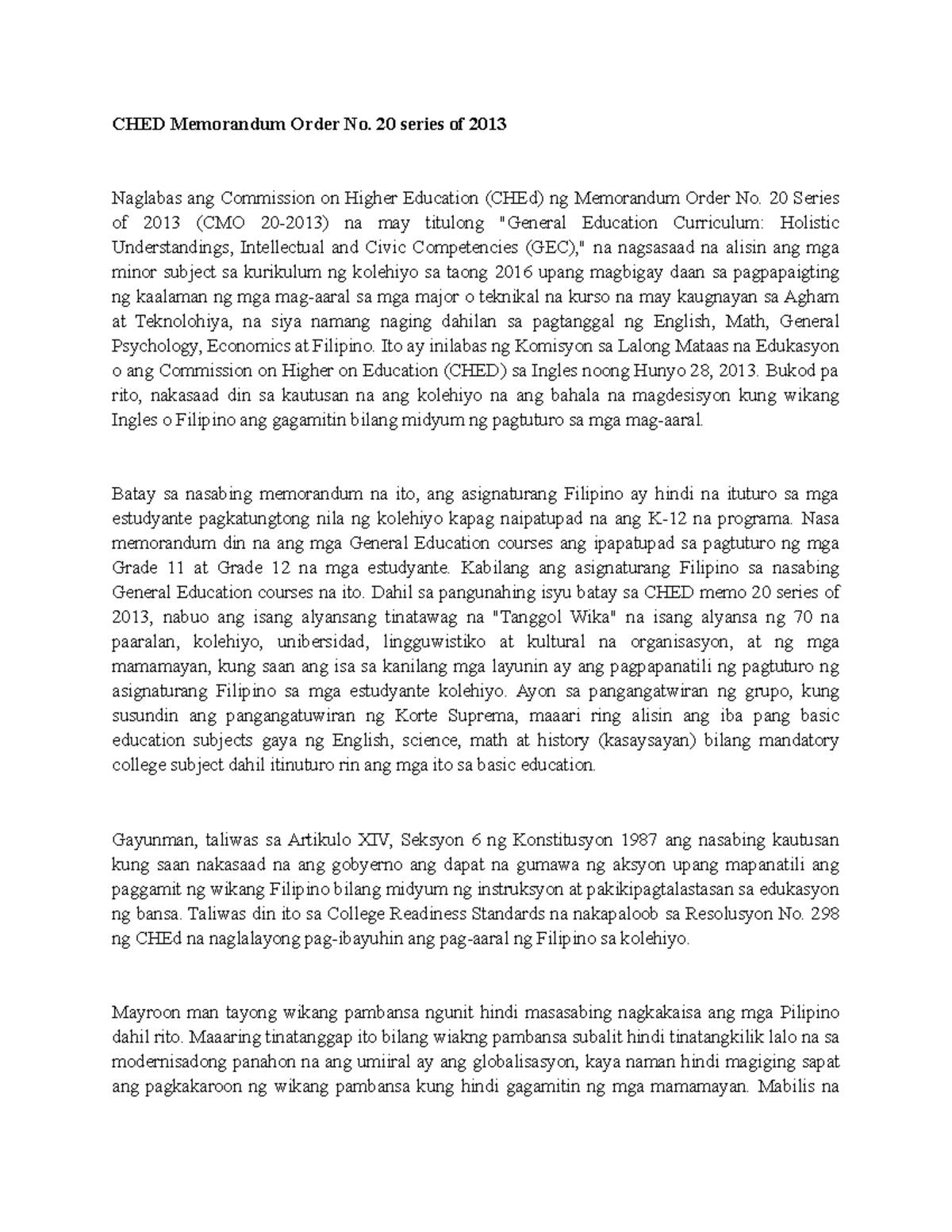 CHED Memorandum Order No. 20 Series of 2013: Implications on Filipino ...