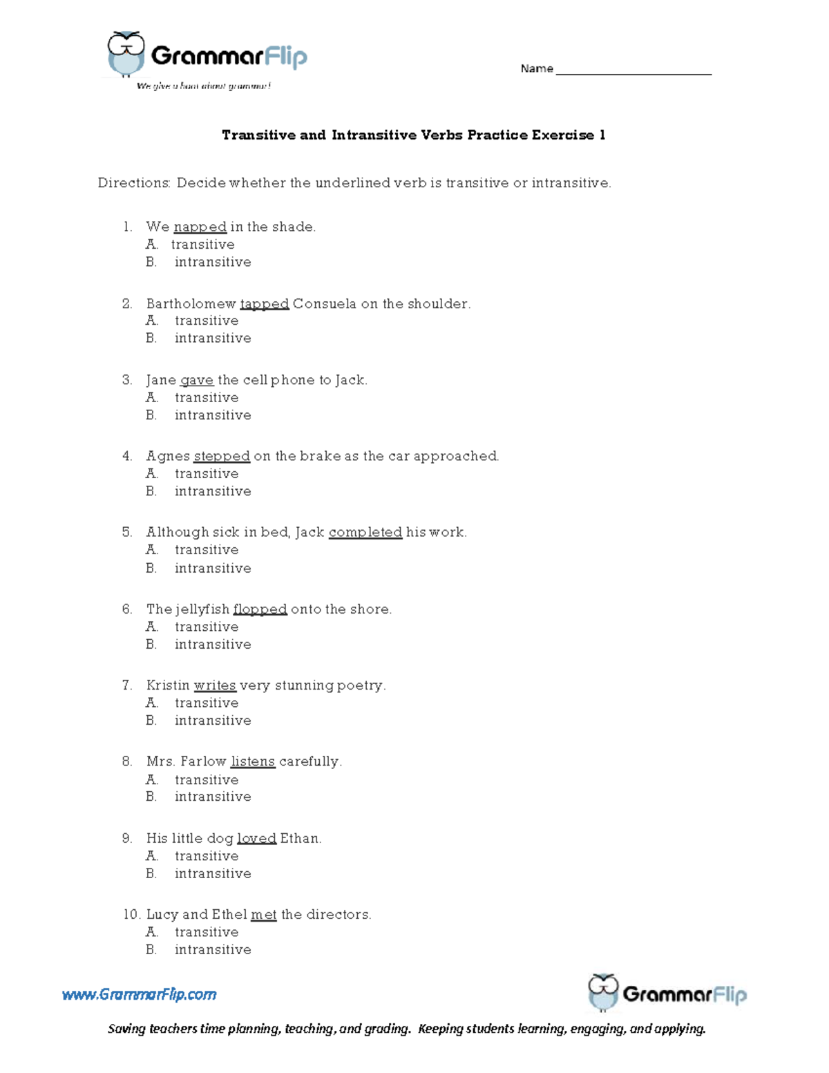 Transitive and Intransitive Verbs Practice Worksheet PE1 - Studocu
