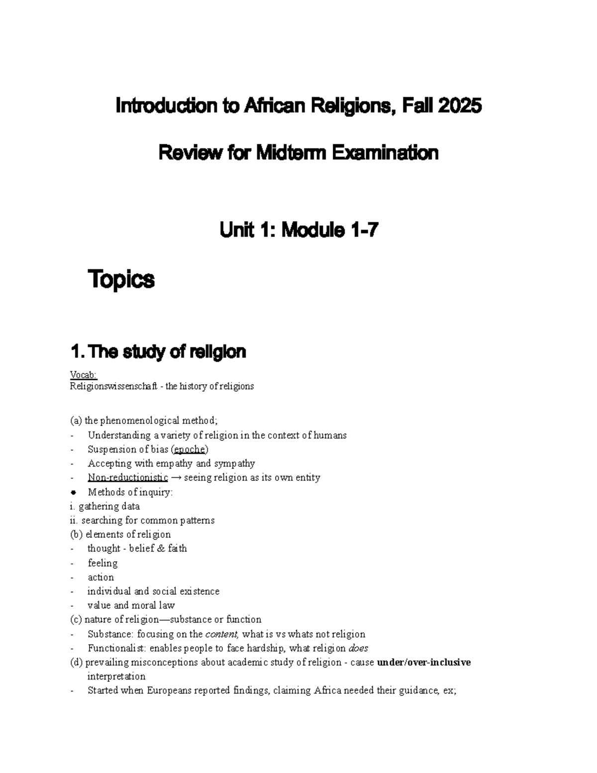 Introduction to African Religions: Midterm Exam Review (Fall 2025 ...