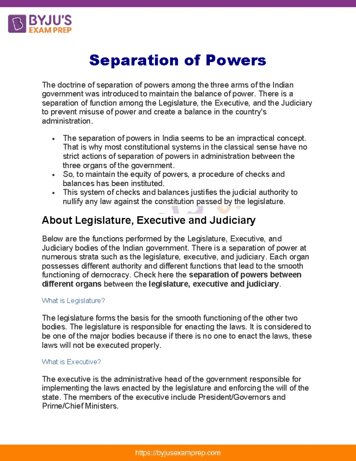 Separation of Powers: UPSC Notes on Indian Government Structure - Studocu