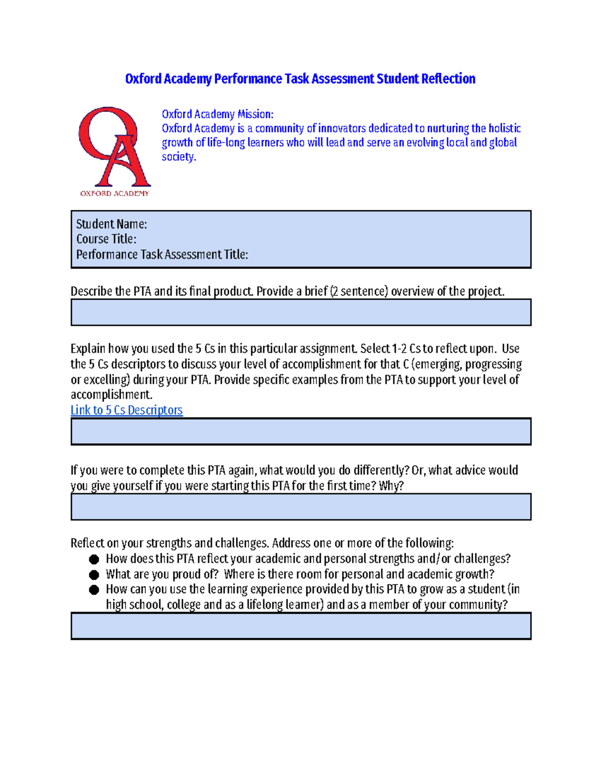 Oxford Academy PTA Reflection: Growth Through the 5 Cs - Studocu