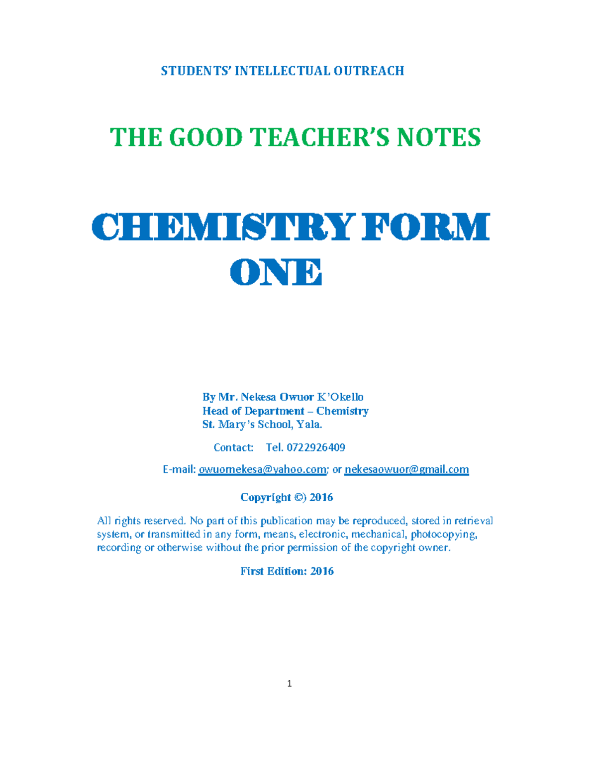 THE GOOD TEACHER'S NOTES - CHEMISTRY FORM ONE - Studocu