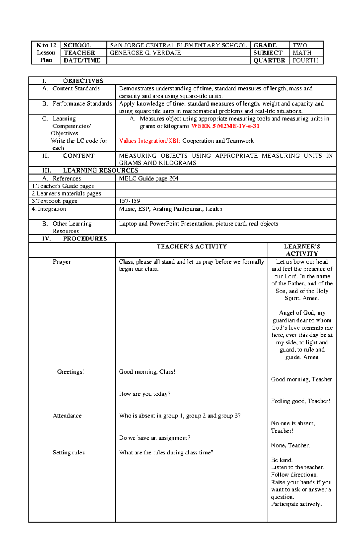 K to 12 Lesson Plan: Measuring Objects in Math (Grade 4) - Studocu