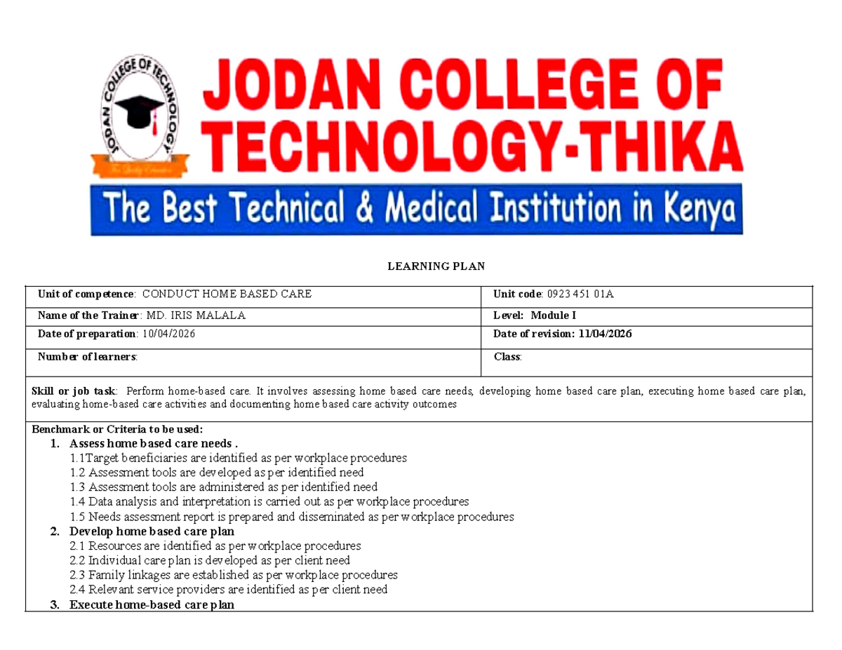 Home Based Care Learning Plan (Unit Code: 0923 451 01A) - Studocu